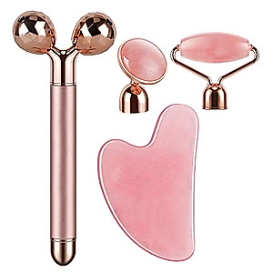 4-IN-1 Face Massager and Gua Sha Set for Women, Rose Quartz Face Roller Skin Care Tools Electric Eye Massager Tool for Face Skin Roller