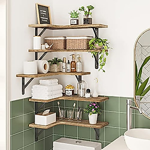 Fixwal Corner Floating Shelves, Wall Mounted Corner Shelf Set of 5, Rustic Wood Wall Shelves for Bathroom, Kitchen, Bedroom or Living Room (Carbonized Black)