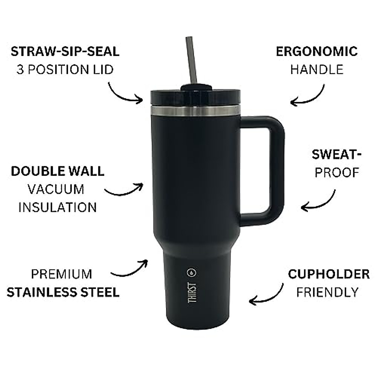 THIRST Quench H2.0 40 oz tumbler with handle and straw | Stainless Steel Tumbler | Insulated Tumbler | Double Wall Mug | Thermos | Cup | Water Bottle (New Generation Lid & Straw) (Black)