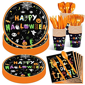 Jremreo 175 Pcs Halloween Tableware Party Supplies Set - Serves 25, Spooky Happy Halloween Disposable Dinnerware, Includes Plates, Cups, Napkins, Forks, Spoons, Knives for Trick or Treat Favors