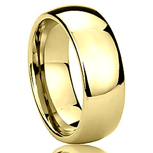 Prime Pristine Free Engraving Personalized Stainless Steel Wedding Band Ring 8MM Yellow Tone High Polished Classy Domed Ring SZ:8.5