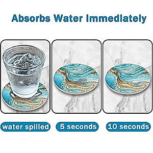 Dooke Coasters for Drinks, Round Absorbent Ceramic Stone Coasters Set of 6 with Cork Base, Funny Drink Coasters with Holder for Cold Drinks Wine Mugs and Cups Tabletop Protection, 4 Inches,Teal Marble