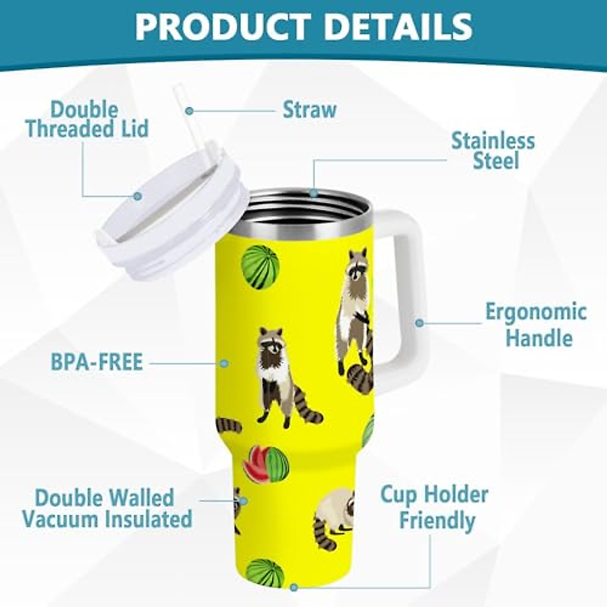 DIGTIA Stainless Steel Insulated Tumbler w/Handle & Straw, Raccoon Cute Double Wall Vacuum Travel Coffee Mug Cup w/Lid, Leak-Proof Sports Fluffy Water Bottle,30oz
