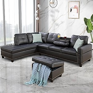 Rovibek Leather L Shaped Sectional Couch with Ottoman and Pillows, 2 Cup Holders Design Living Room Furniture Sets for Apartment, Office