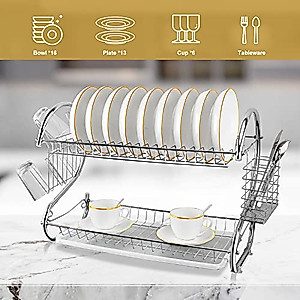 Zvonema Dish Drying Rack, Stainless Steel Dish Racks for Kitchen Counter, 2 Tier Small Dish Drainers with Drainboard & Removable Utensil Holder, Space Saving Dish Rack, Silver