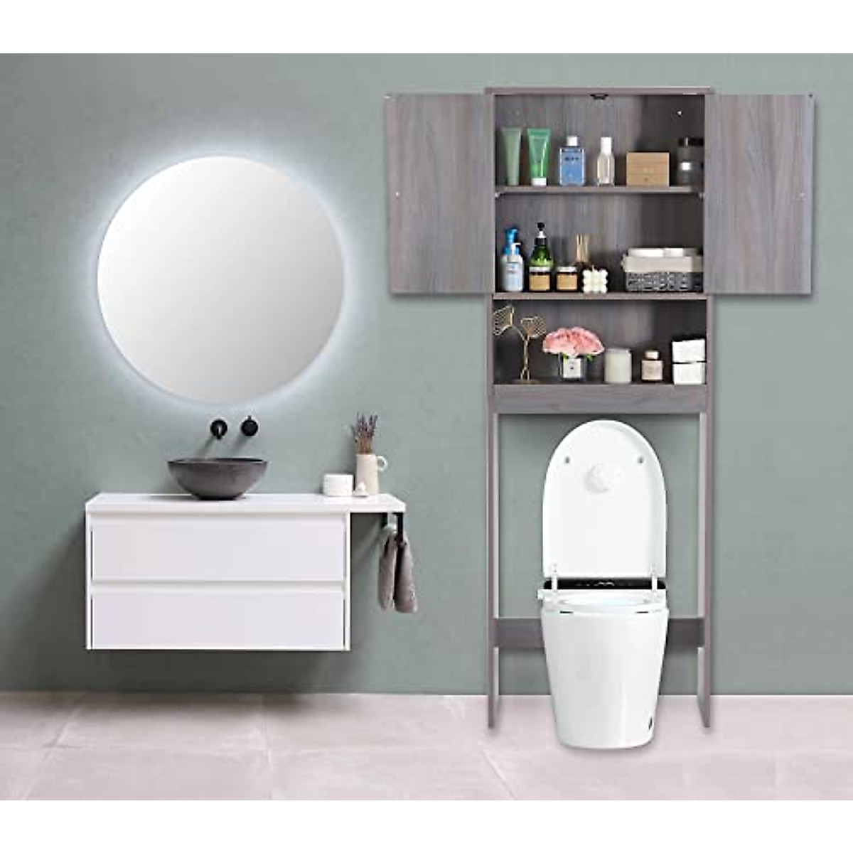 NIUBEST Over The Toilet Storage Cabinet, Bathroom Organizer with Inner Adjustable Shelf and Open Storage Shelf, Double Doors Toilet Storage Rack, Gray