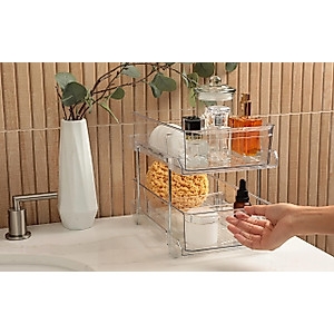 2-Tier Clear Organizer - Pull-Out Kitchen Pantry & Medicine Cabinet Storage - Bathroom Vanity Counter & Under-Sink Slide-Out Tray w/Dividers - Multipurpose Organizing Bins - Closet Container