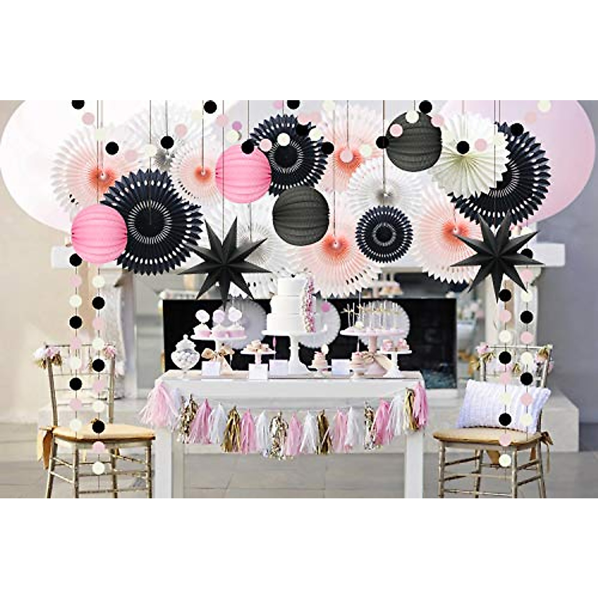 Pink Black White Party Decorations for Girls Women Minnie Mouse First Birthday Decoration Wedding Bridal Baby Shower Hanging Tissue Paper Fans Circle Garland Paper Lanterns