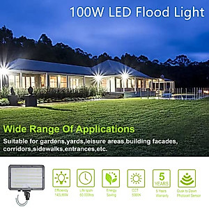 Paktonvo 100W LED Flood Light with Knuckle, Outdoor Flood Light Dusk to Dawn Photocell 5000K 14000lm AC100-277V Equivalent 1000W, ETL Waterproof Wall Mount LED Security Light for Yard Garden (2 Pack)