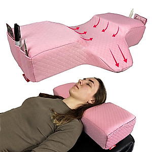 XOLLOZ Pillow for Eyelash Extensions - Curved Memory Foam Lash Bed Pillow with Neck and Back Support, Perfect Pillow for Eyelash Extensions, Two Pockets for Tools On The Sides of Pillow (Pink)