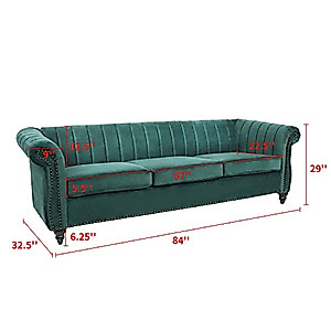 MIYZEAL Modern 3 Seater Tufted Couch, Velvet Chersterfield Sofa with Channel Back, Roll Arm Classic Settee Upholstered Couch for Living Room Office (Green)