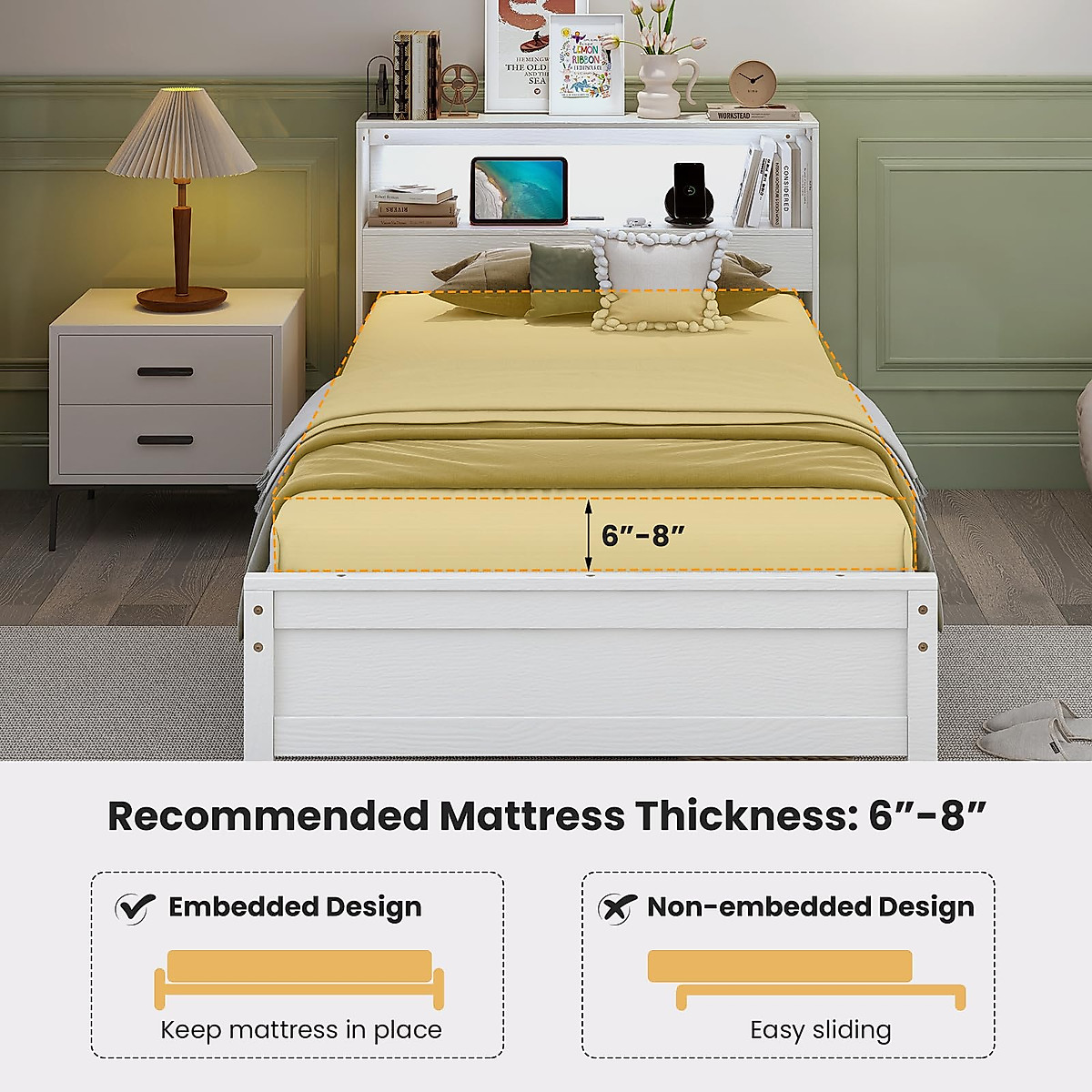 Giantex Twin Bed Frames with Storage Headboard, Wood Platform Bed with Charging Station & LED Light, Single Bed with Slats Support, Under-Bed Space, Twin Bed Frames for Kids Girls Boys (White)