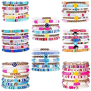Svovin 58 Pcs Preppy Heishi Bracelets Set Colorful White Gold Heart Star Evil Eye Beaded Polymer Clay Pearl Stackable Charm Y2K Kidcore Summer Beach Bohemian Layering Bracelets Jewelry for Women