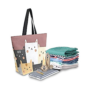 ALAZA Cut Cat Kitten Print Kawaii Large Canvas Tote Bag Shopping Shoulder Handbag with Small Zippered Pocket