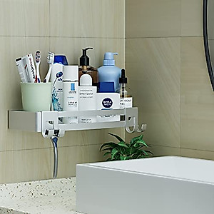 newaredy Bathroom Shelves Storage Shower Shelves Wall Mounted Shower Caddy Shelf Aluminum Adhesive Bathroom Organizer Storage Basket Corner Shelf with 2 Hooks