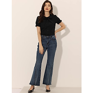 Allegra K Women's Vintage Peter Pan Collar Tie Neck Casual Cute Cotton Button-Up Shirt X-Large Black