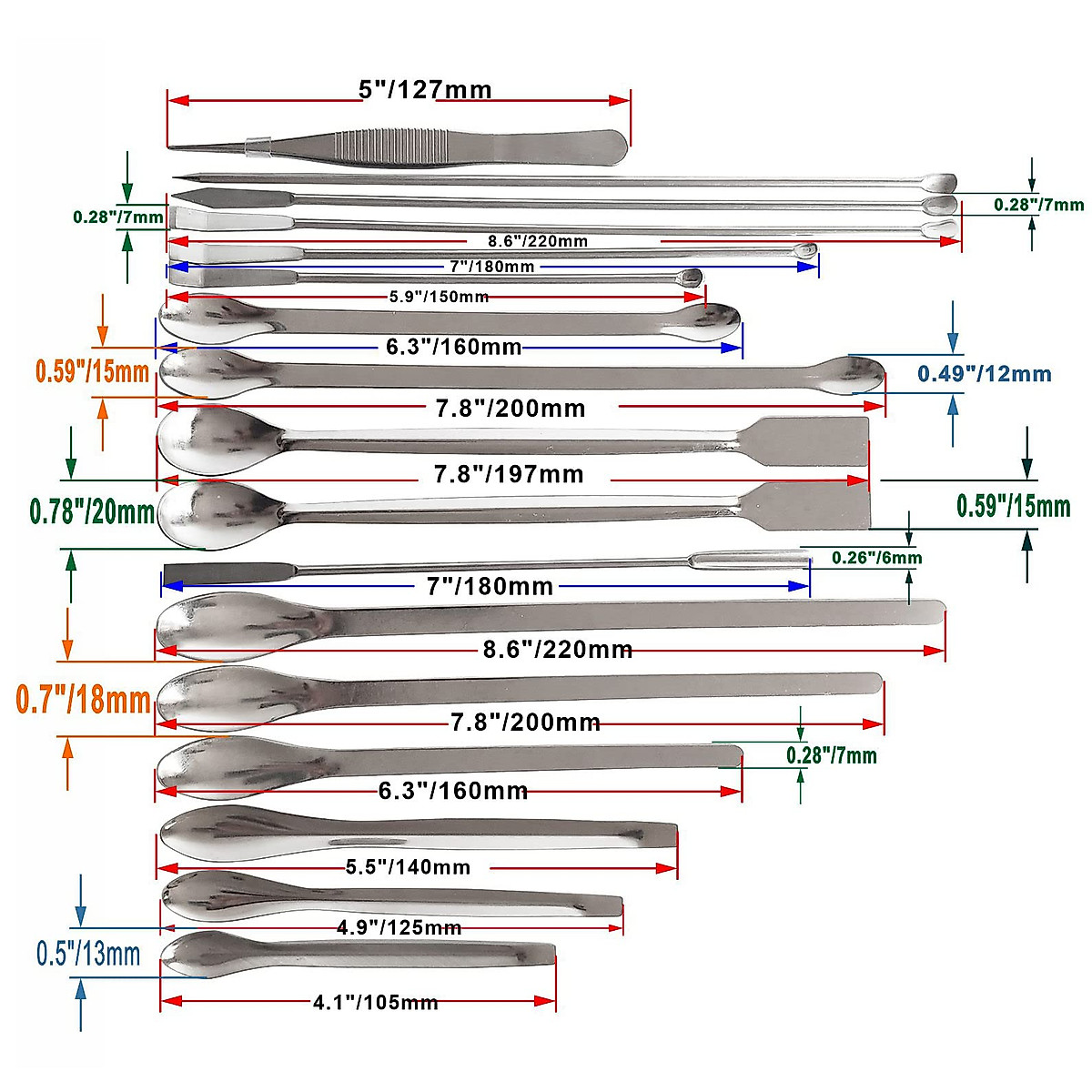 JENSWILL 17 Pieces Stainless Steel Lab Spatula Micro Scoop Tweezers Kit Laboratory Sampling Spoon Mixing Spatula for Gel Cap Filler Reagent Powders with Box