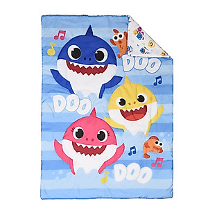Expressions 3 Piece Toddler Bedding Set Baby Shark Standard Crib Bedding Set, Includes Soft Microfiber Reversible Comforter, Fitted Sheet, Pillowcase for Kids (Official Baby Shark Product)