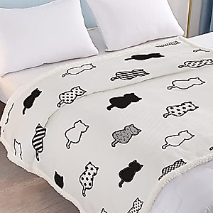 SOULZZZ Fuzzy Cat Blanket for Women Fleece Cozy Sherpa Cat Blankets and Throws Cute Soft Cat Blankets for People Cat Lovers Girls Plush Kawaii Kitten Blanket (Black and White,50x60 Inches)
