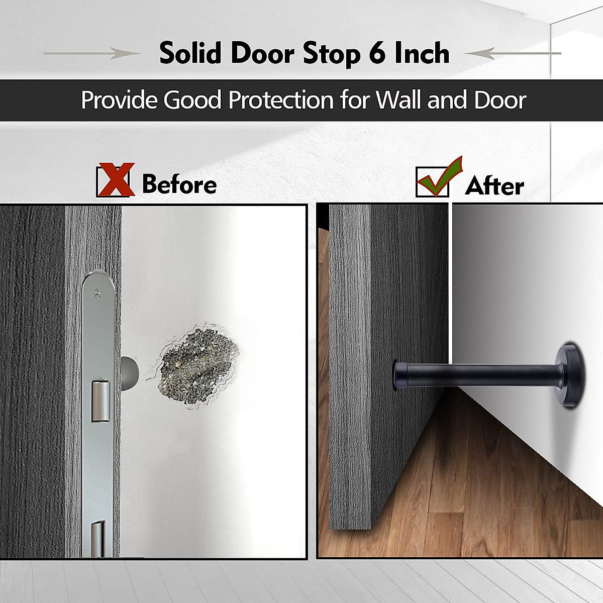 Door Stops, 6 Inch Long Door Stopper, Wall Mount, Heavy Duty Solid Black Doorstop Brushed Stainless Steel with Soft Rubber Bumper Tips