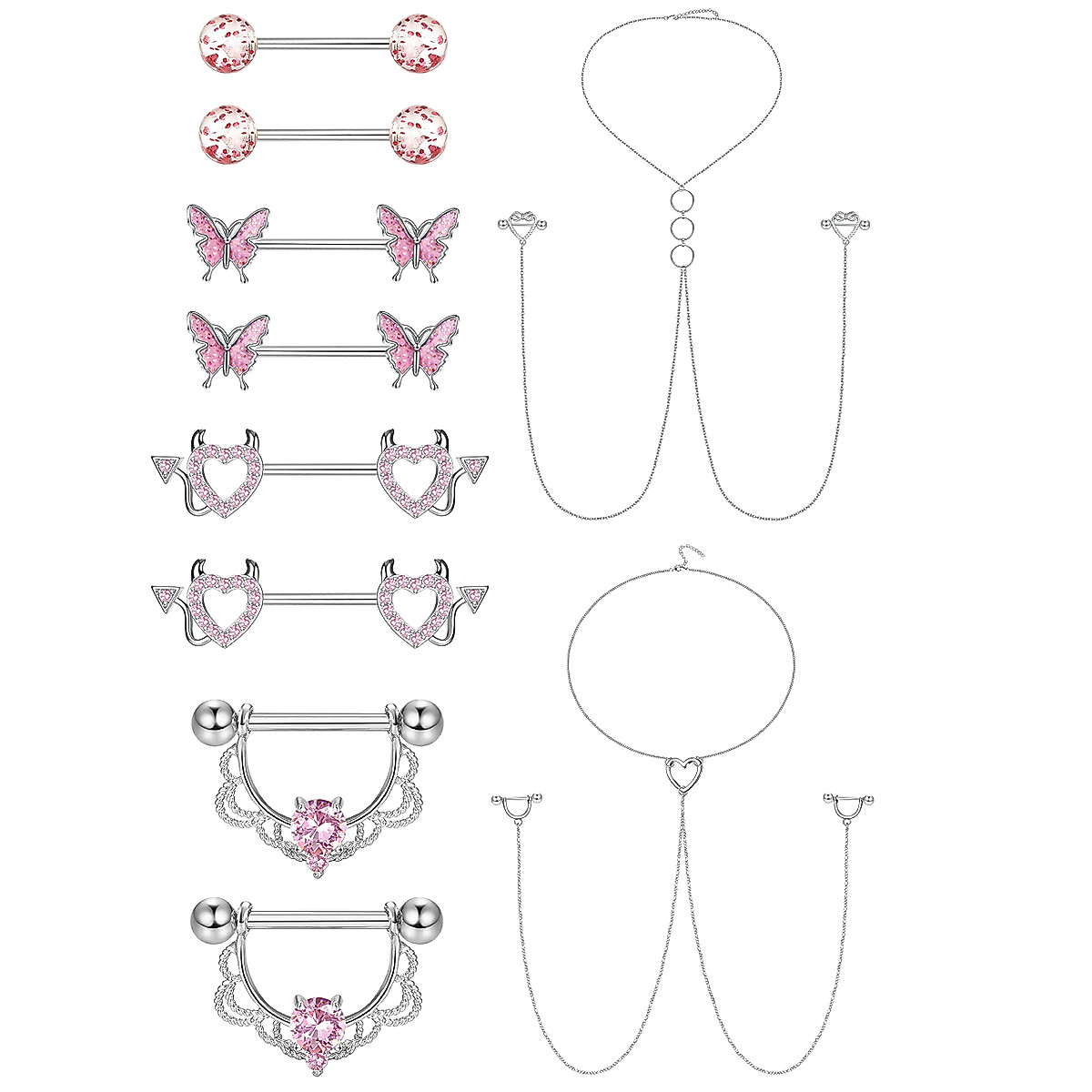 JOERICA 14G Stainless Steel Nipple Rings for Women CZ Butterfly Heart Nipple Rings with Choker Necklace Nipple Barbell Body Piercing Jewelry