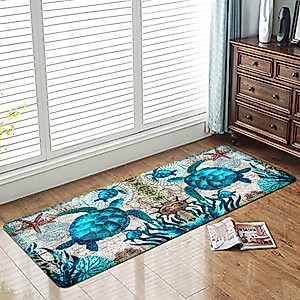 Coastal Runner Rug for Hallway 2x6 Sea Turtle Hallway Rugs Nautical Throw Rug Blue Turtles Beach Ocean Life Teal Marine Animal Area Rug Non-Slip Floor Carpet for Bedroom Entrance Door Mat Washable Rug