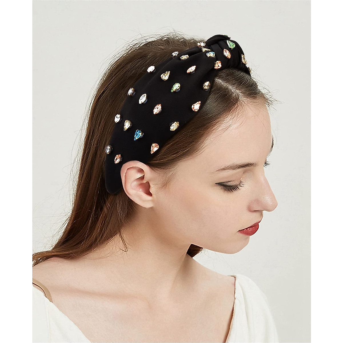 Wecoe 1pc Black Rhinestone Headband Top Knotted Headband For Women Girls Wide Headbands Non Slip Fashion Cloth Sparkly Jeweled Beaded Embellished Headband Homecoming Hair Accessories For Women Girls