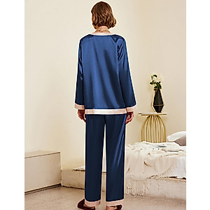 Ekouaer 2 Piece Pajama Set for Women Silk Pajama Pants Sets Long Sleeve Pjs Oversized Sleepwear,Navy Blue,L