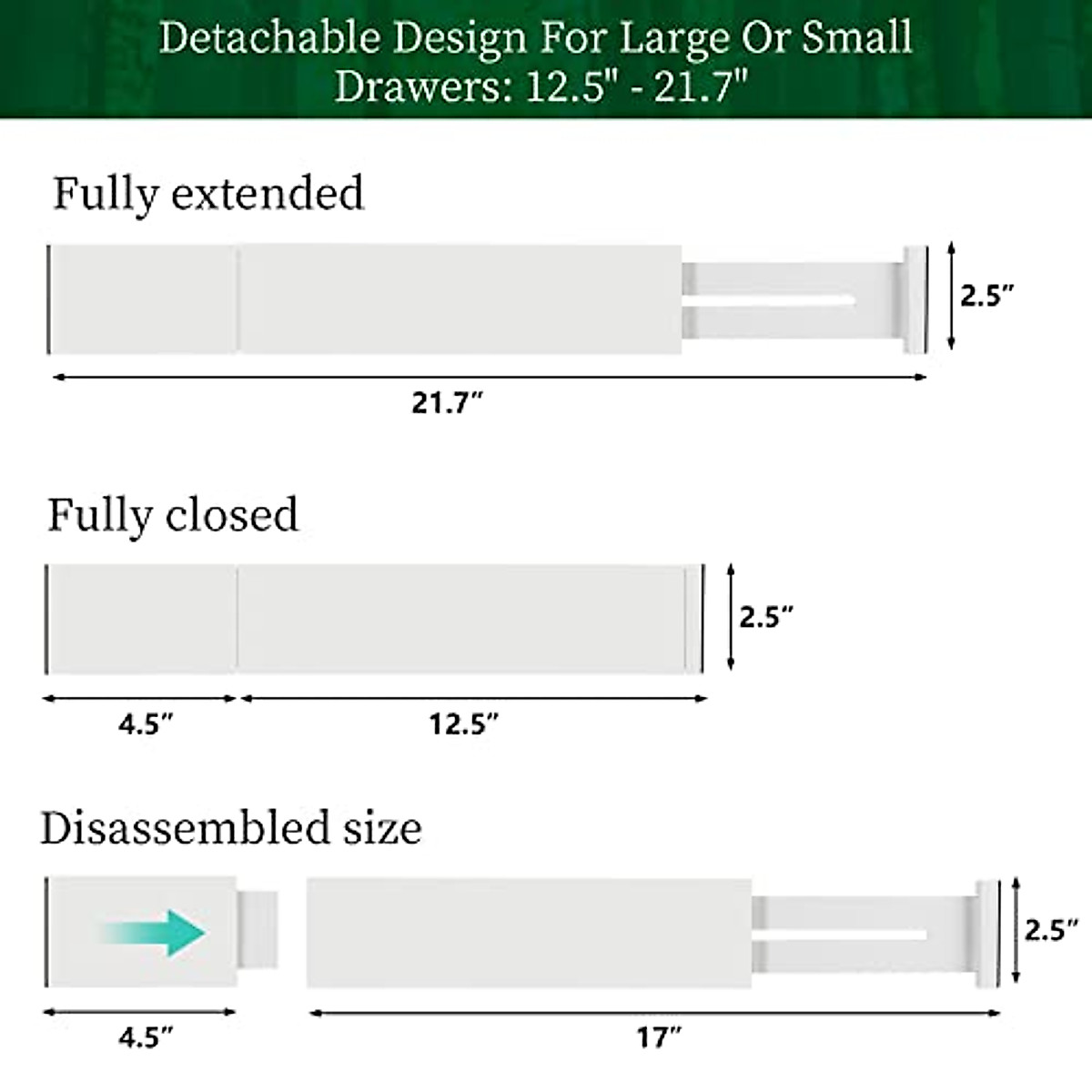 FJO 4 Pack Adjustable Bamboo Drawer Dividers Organizers (12.5" - 21.7") - Expandable Drawer Separators for Kitchen, Utensils, Clothes, Bedroom, Dresser, Bathroom (12.5inches, White)