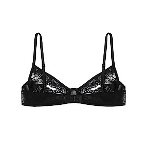 renvena Women's Lace Floral Portrait Open Tip Bra Wire-Free Unlined Push-up Triangle Bralette Top Nightwear Blacktype B X-Large