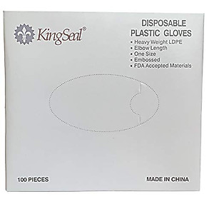 KingSeal Poly Elbow Length Disposable Gloves, 21 inches from Fingertip to Cuff, Embossed Finish for Better Grip - 1 Pack of 100 Gloves (One Size Fits Most)