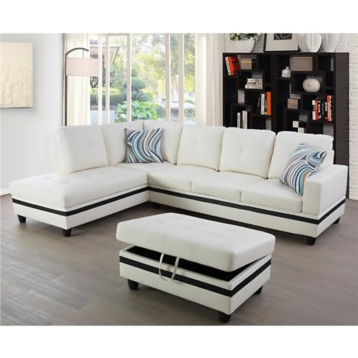 NOTOP 3-Piece Faux Leather L-Shaped Sectional Sofas, Button Tufted Upholstered Couch Set with Left Chaise Longue and Storage Ottoman, for Living Room, Home, Office, White Black