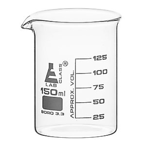 EISCO Beaker, 150ml - Griffin Style, Low Form with Spout - White, 25ml Graduations - Borosilicate 3.3 Glass