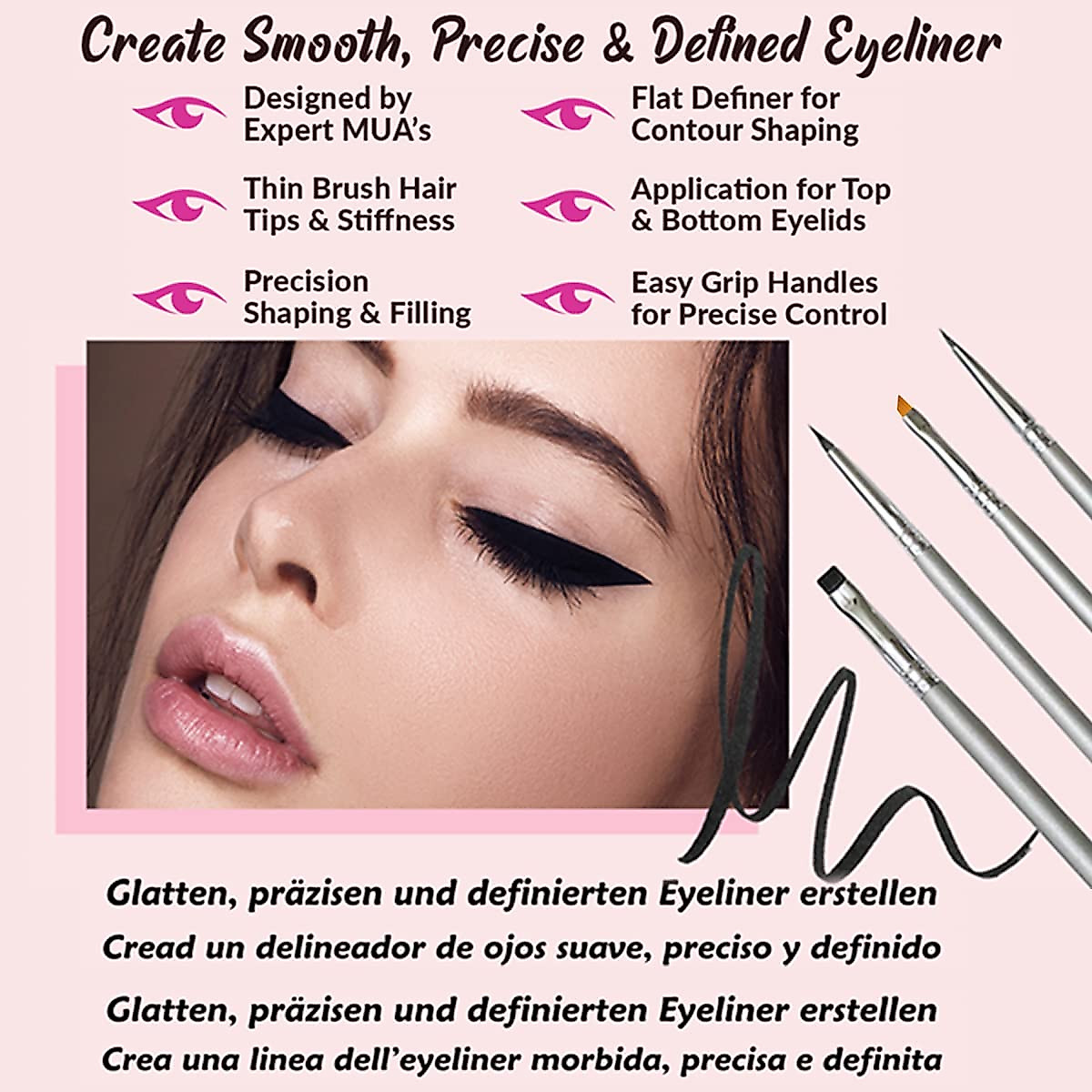 Eyeliner Brush Fine Angled Set - For Liquid Gel Liner Applicator Bent Stencils Thin Pencil Pen Real Small Sharpener Angle Wing Tips Firm Makeup Brushes Black Stamp Winged Kit Flat Waterproof Cat Eye