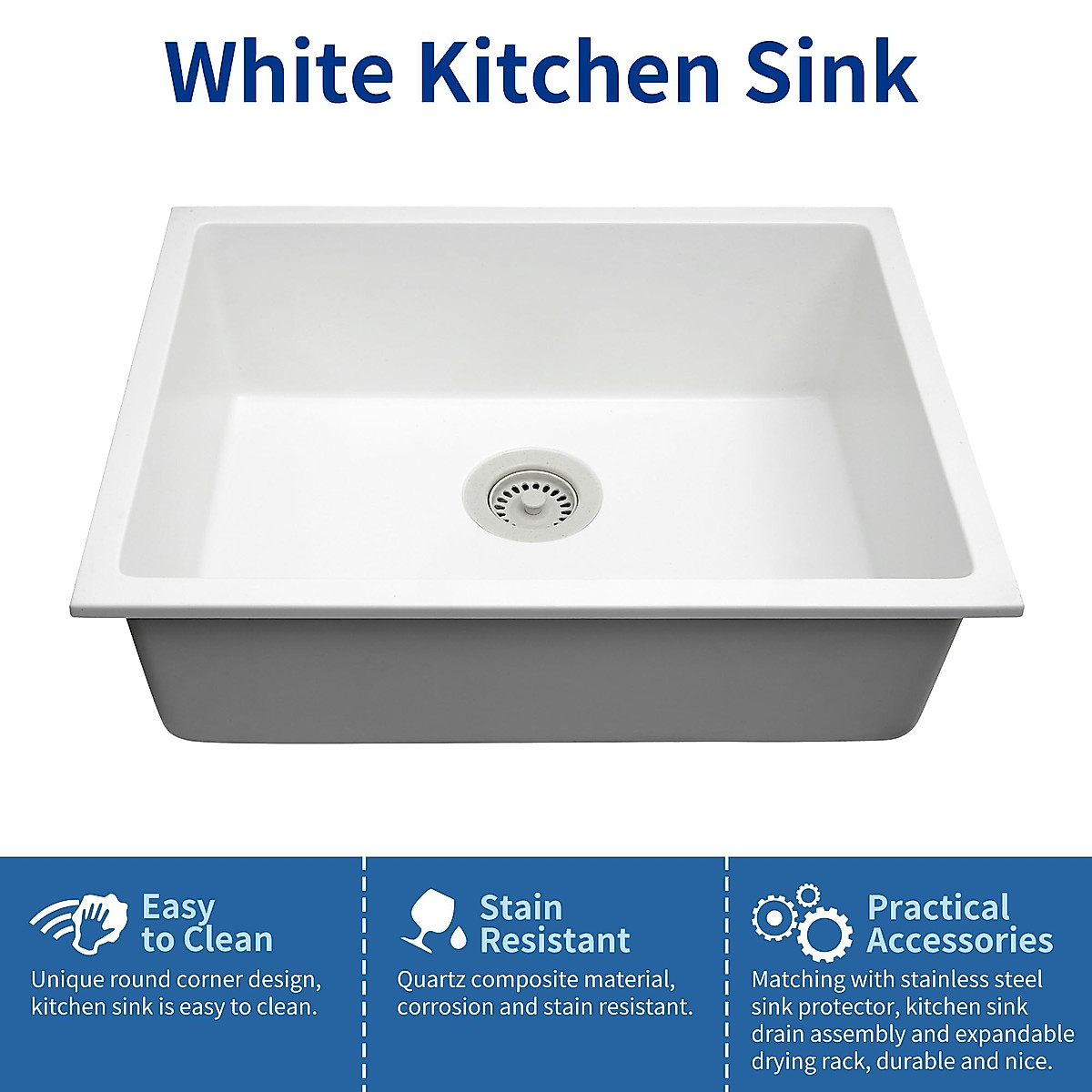 MONSINTA Bar Sink, Undermount Kitchen Sink, 23 Inch White Bar Sink, Bar Sink Undermount With Accessories, Granite Kitchen Sink, White Sink Kitchen