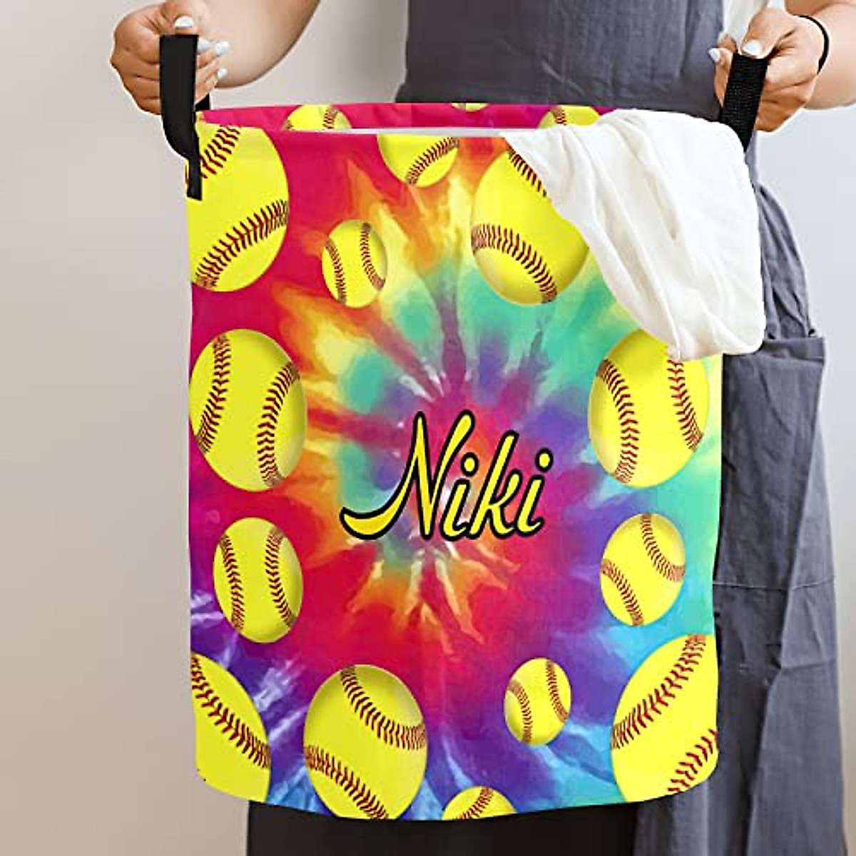 Tie Dye Softball Laundry Basket Personalized with Name Laundry Hamper with Handle Organizer Storage Bin Bedroom Decor for Boys Girls Adults