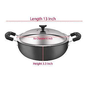 SHRIYA Hard Anodised Kadai with Stainless Steel Lid Aluminium Non-Stick Kadhai Deep Fry Pan Indian kadhai Multipurpose Non Stick All Purpose Pan karahi for frying 2 Litre (3mm)