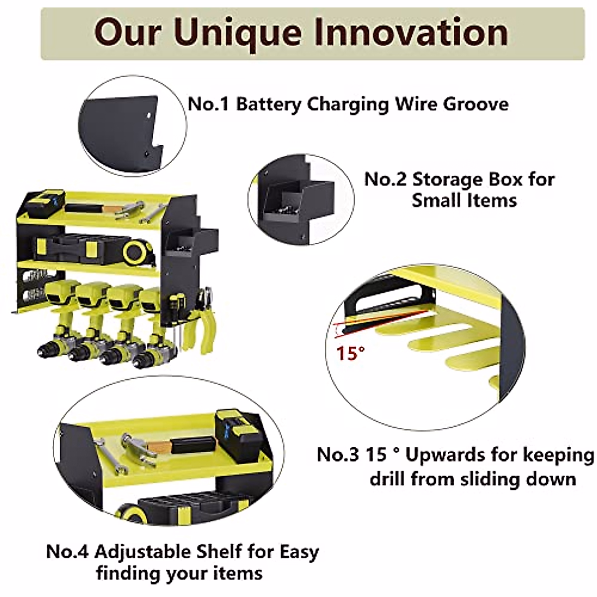 Luffioner Drill Storage Rack，Power Tool Organizer Drill Holder Wall Mount， Drill Organizer for Garage, Workshop,Drill Bit Storage Shlef, Holds 4 Drills with Screws Box Father's Day Gifts (Green)