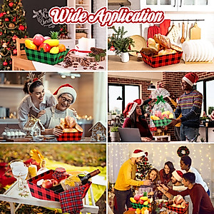 Wonderjune 12 Pack Christmas Gifts Empty Basket Kit 9.8 x 8.3'' Red Green Plaid Cardboard Basket to Fill Bulk with Handle Shrink Wrap Bags, Pull Bows, Raffle Gift for Xmas Decor