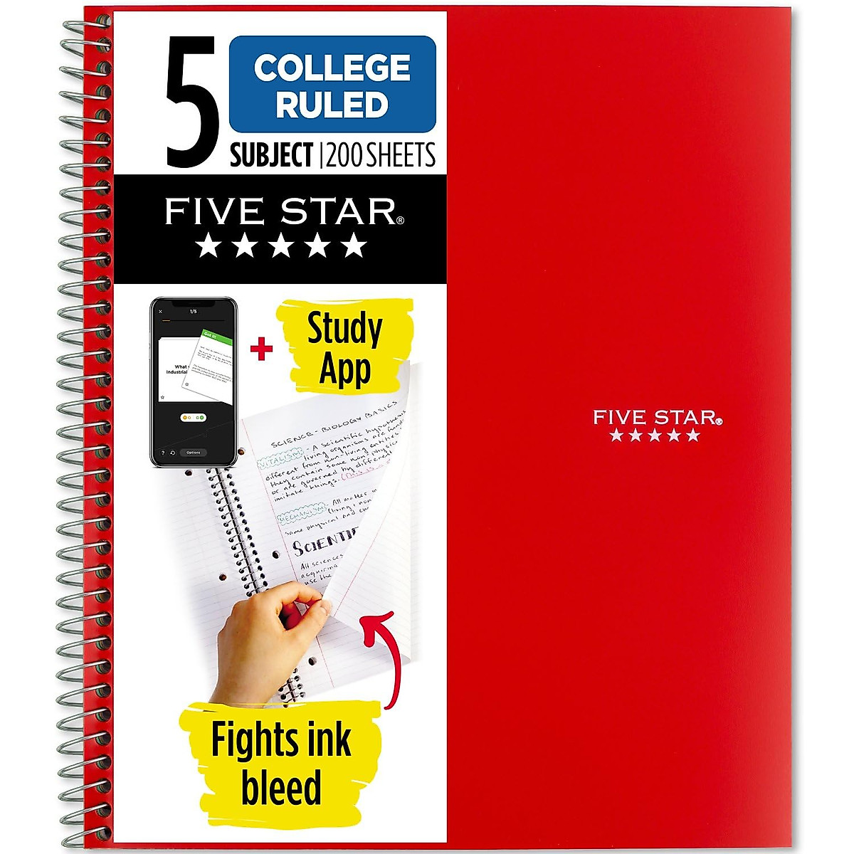 Five Star Spiral Notebook + Study App, 5 Subject, College Ruled Paper, Fights Ink Bleed, Water Resistant Cover, 8-1/2" x 11", 200 Sheets, Color Will Vary (06208)