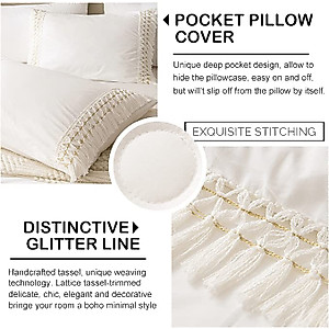 Boho King Comforter Set White Gold Comforter Set Shabby Chic Farmhouse Gold Hand Made Tufted Tassel Aesthetic Home Decor Comforter 1 Cotton Comforter 2 Pillowcases (White, King)