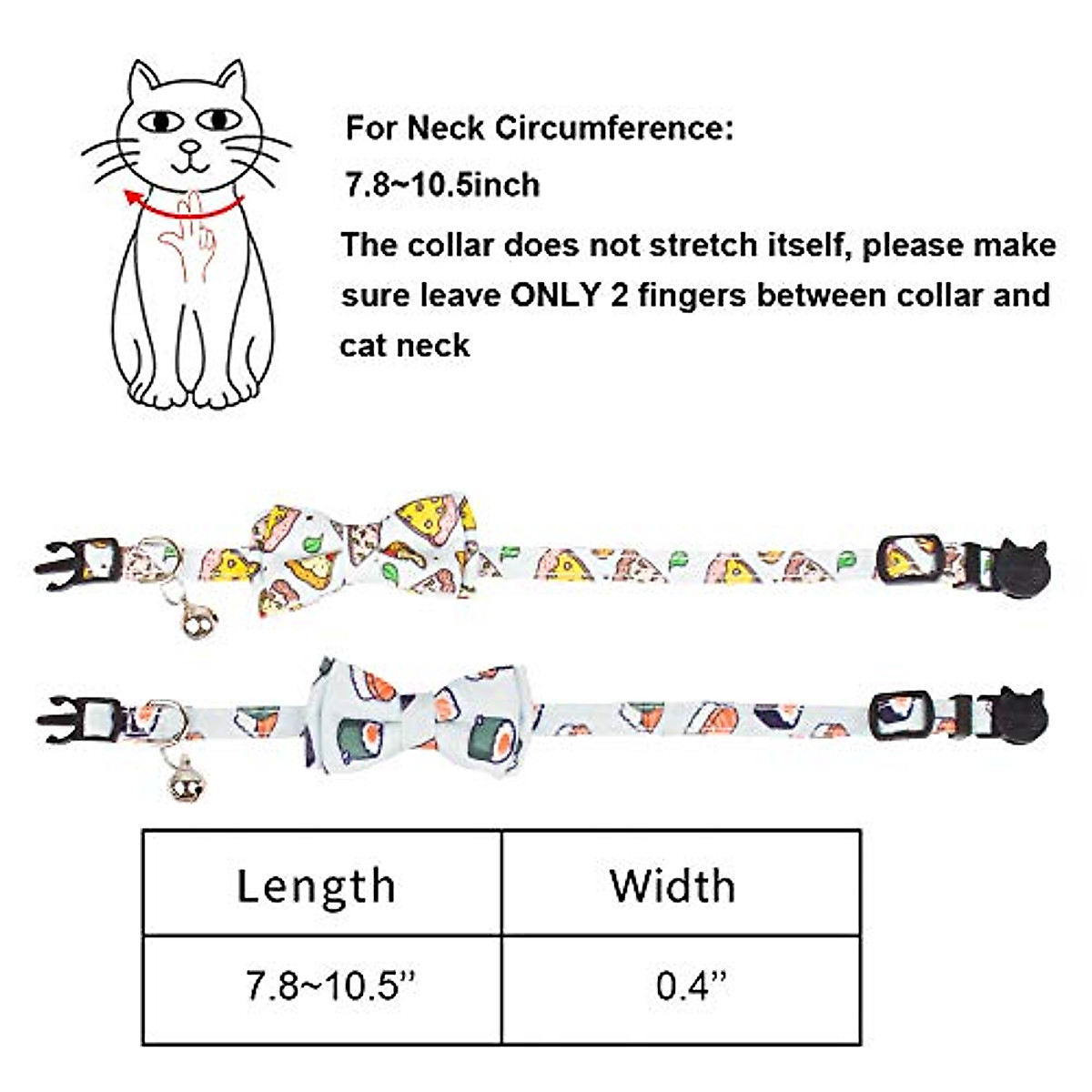 ADOGGYGO Cat Collar Breakaway with Cute Bow Tie Bell - 2 Pack Kitten Collar with Removable Bowtie Sushi Donuts Hamburg Pizza Pattern Cat Bow tie Collar for Cat Kitten (Pizza & Sushi)