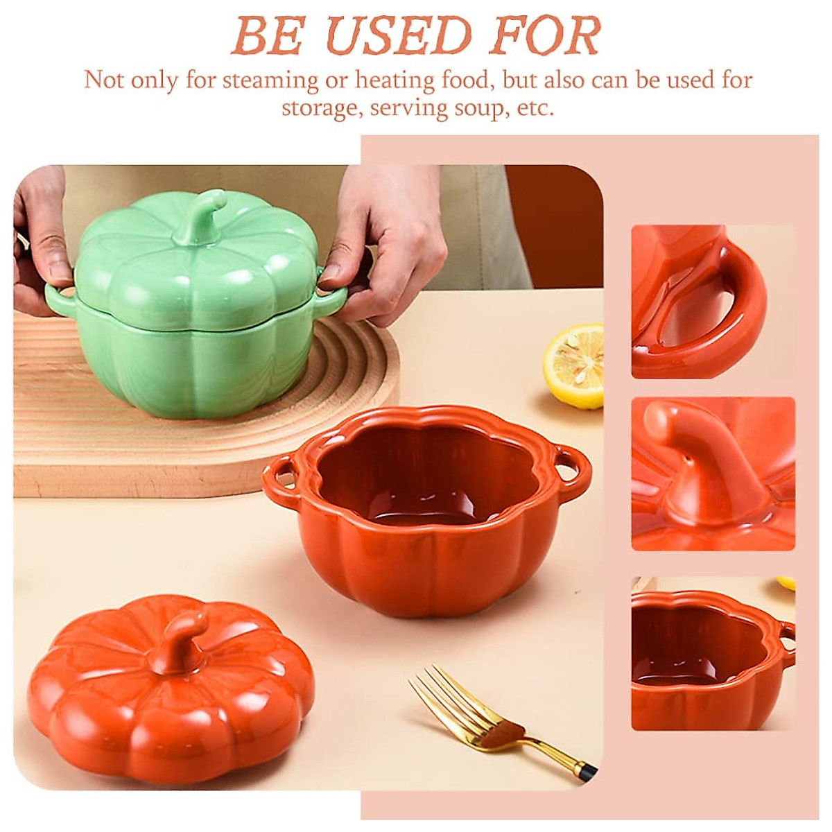 Zerodeko Ceramic Pumpkin Bowl with Lid, 420ml Halloween Bowl with Handle, Soup Bowl Candy Cookie Jar Stewing Bowl Salad Dish Pumpkin Decoration for Halloween Thanksgiving (Orange)