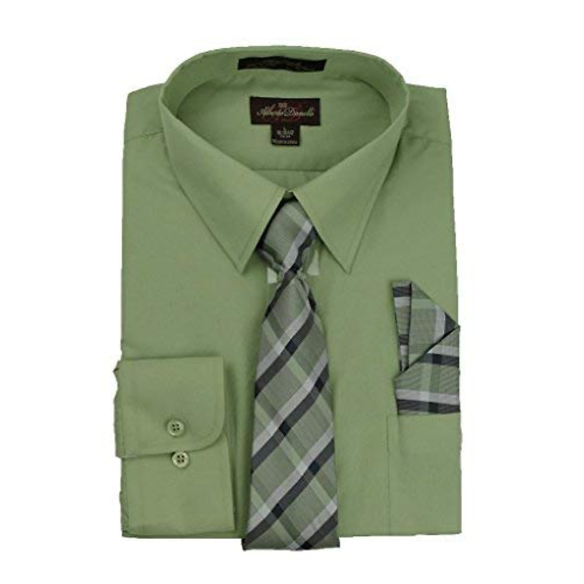 Alberto Danelli Men's Long Sleeve Dress Shirt with Matching Tie and Handkerchief, Large / 16-16.5 Neck -34/35 Sleeve, Pistachio