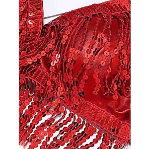 Kakaco Belly Dance Skirt with Crop Top Sequins Fringe Skirts Set Rave Dance Bra Top Party Costume Outfits for Women and Girls (A-Red)