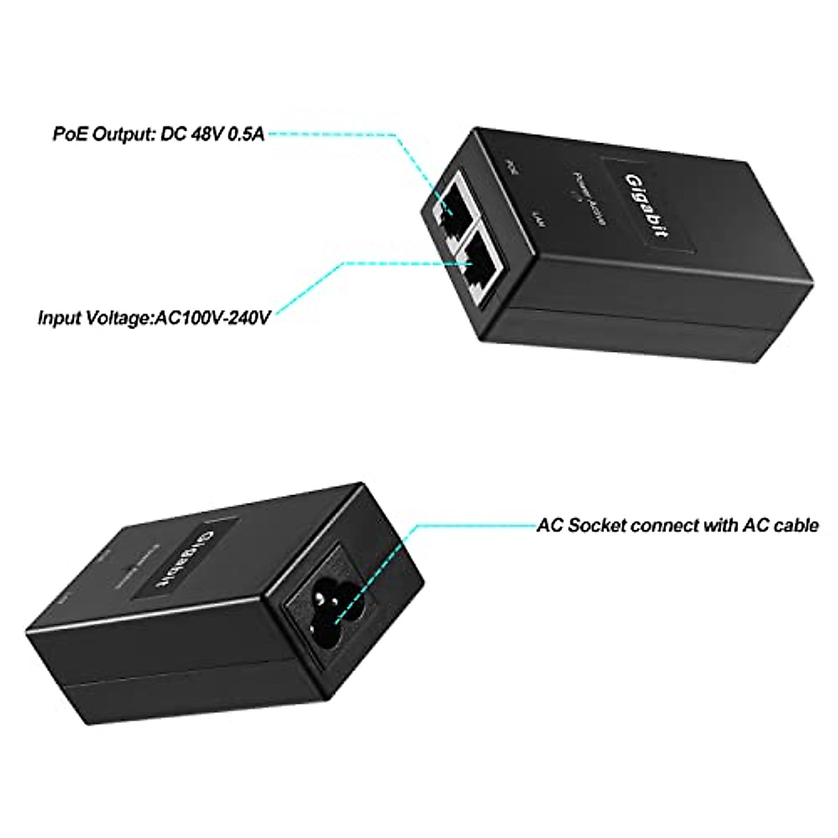 REVODATA Gigabit PoE Injector Adapter, IEEE 802.3af/at PoE+ Passive, PoE 48V 0.5A Output Power, 10/100/1000Mbps Gigabit Speed, for IP Camera/AP/PTZ/Video Phone, Plug and Play (D05A-G)