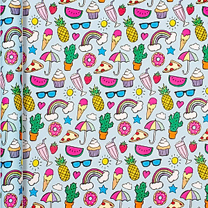 B-THERE Birthday Gift Wrap Wrapping Paper for Boys, Girls, Adults. 6 Cute & Funny Different Designs of 6 ft X 30 Roll! Includes Cactus, Fruit, Rainbows, Rainbow Sprinkles, Pizza, Balloons, Donuts
