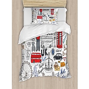 Ambesonne Hipster Duvet Cover Set, I Love London Double Decker Bus Telephone Booth Cab Crown of United Kingdom Big Ben, Decorative 2 Piece Bedding Set with 1 Pillow Sham, Twin Size, White Red