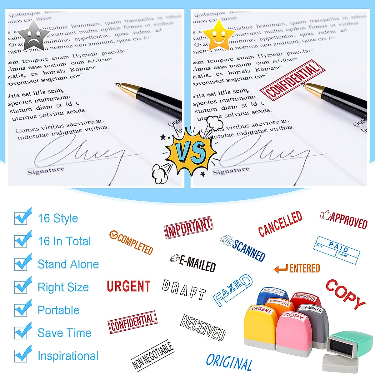 Crtiin 16 Pcs Office Stamp Set Message Self Inking Rubber Stamp Set for Office Stamps Completed Faxed Scanned Stamps for Office Message Supplies (Mixed Colors)