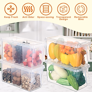 Quzzil 4 Pcs Fridge Organizer Refrigerator Organizer Bins with Lids and Handle Clear Fruit Storage Containers for Fridge Vegetable, Egg, Meat (Divided and Normal Style)
